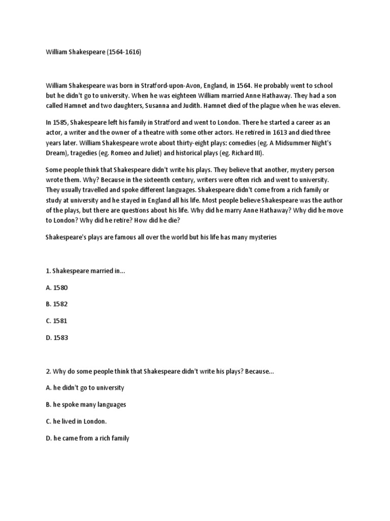 Reading Comprehension Test | PDF | William Shakespeare