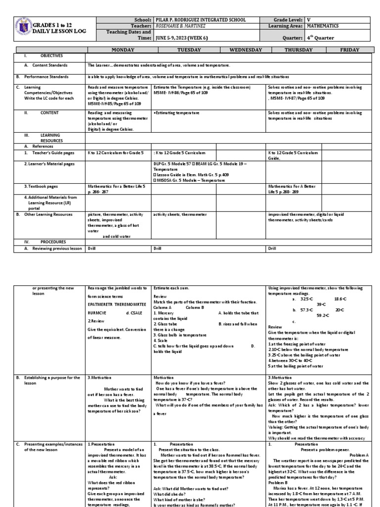 Grade 5 DLL MATH 5 Q4 Week 6 | PDF | Thermometer | Temperature
