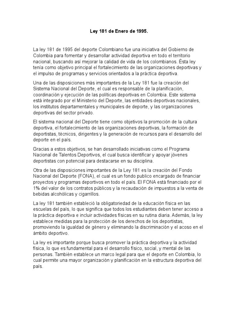 Ley 181 de 1995: Deporte en Colombia | PDF | Colombia | Deportes