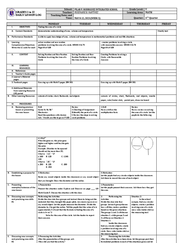 Grade 5 DLL MATH 5 Q4 Week 2 | PDF | Area | Circle