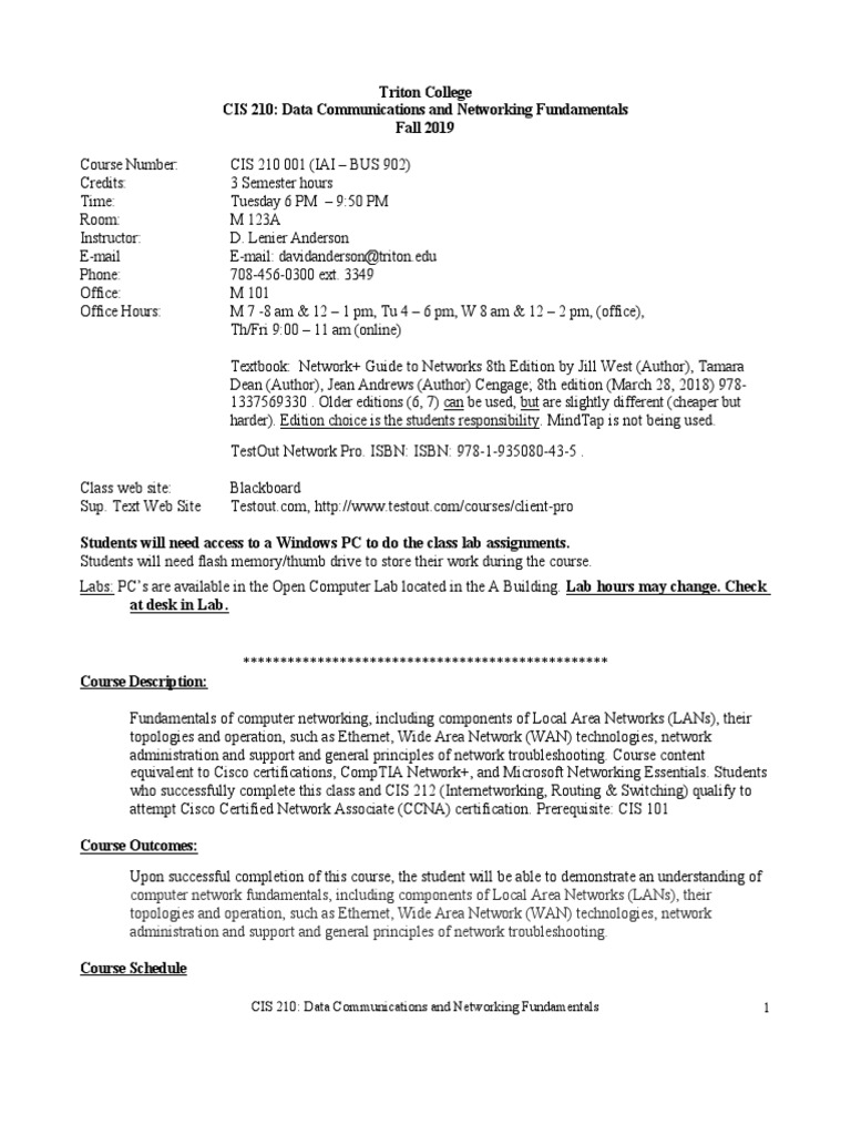 CIS210 001 F2019 Syllabus | PDF | Computer Network | Cisco Certifications