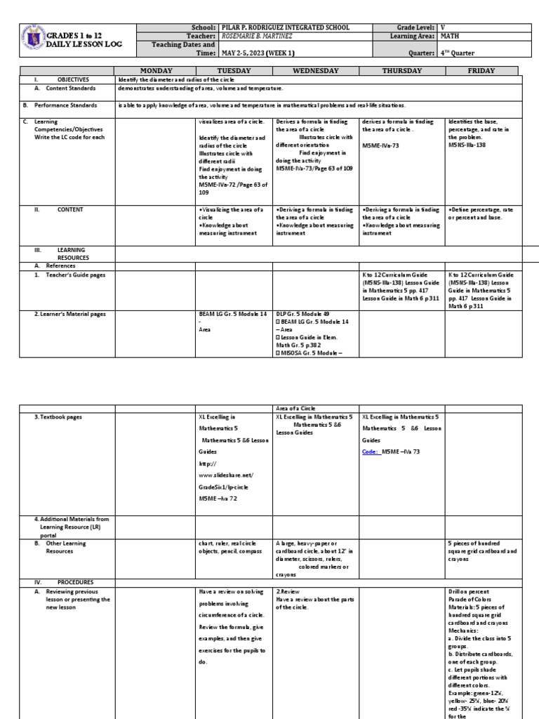 Grade 5 DLL MATH 5 Q4 Week 1 | PDF | Area | Circle
