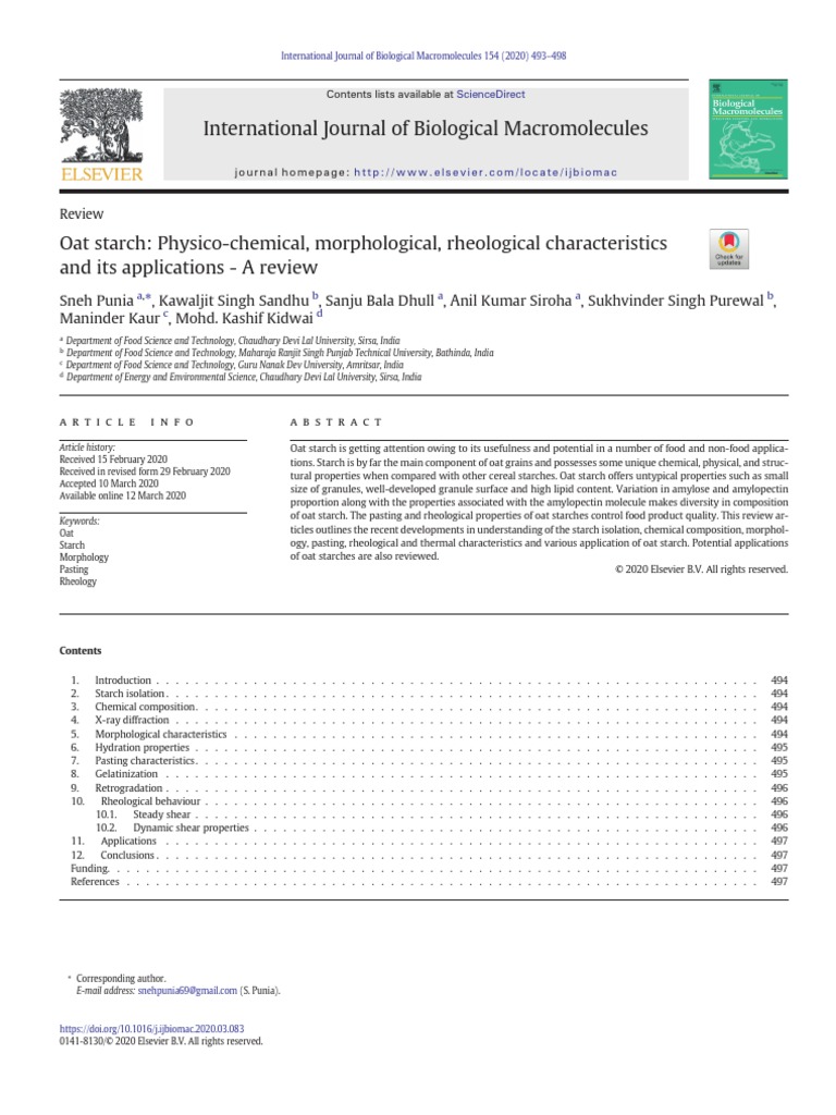 11.oat Starch Physico Chemical, Morphological, Rheological Characteristics and Its Applications ...