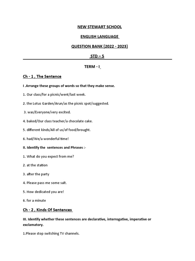 STD 5 Language Question Bank | PDF | Verb | Linguistics