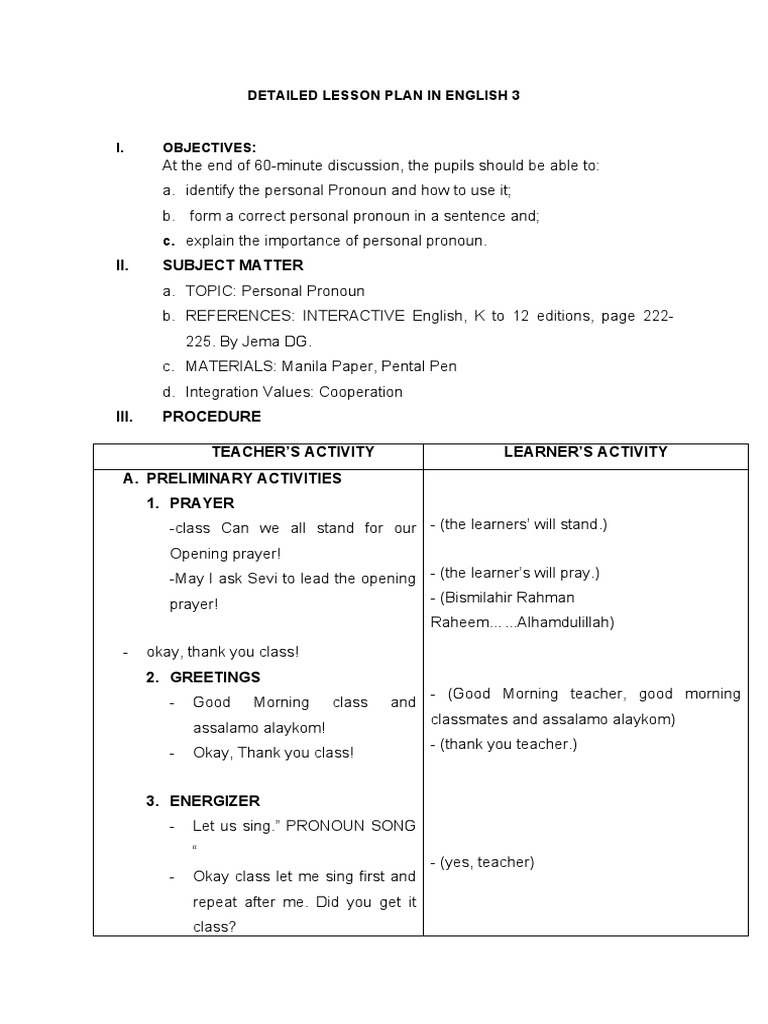 Detailed Lesson Plan in English 3 | PDF | Pronoun | Teachers