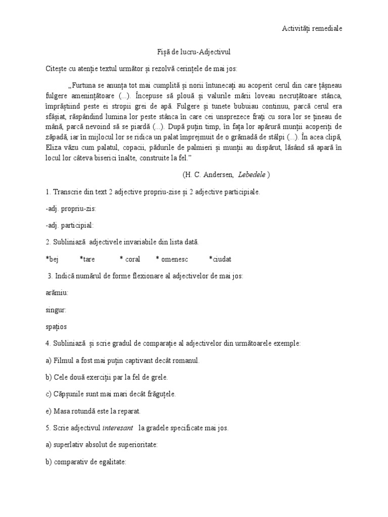 Adjectivul Fisa de Lucru | PDF