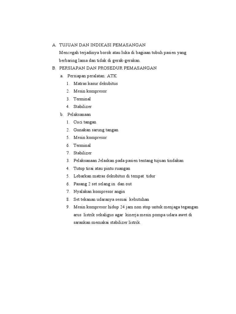 Tujuan Dan Indikasi Pemasangan Kasur Dekubitus | PDF