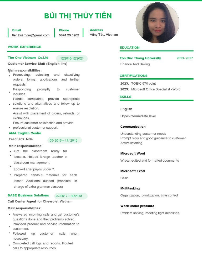 - CV Bùi Thị Thủy Tiên (English) - 168446524235 | PDF | Call Centre ...