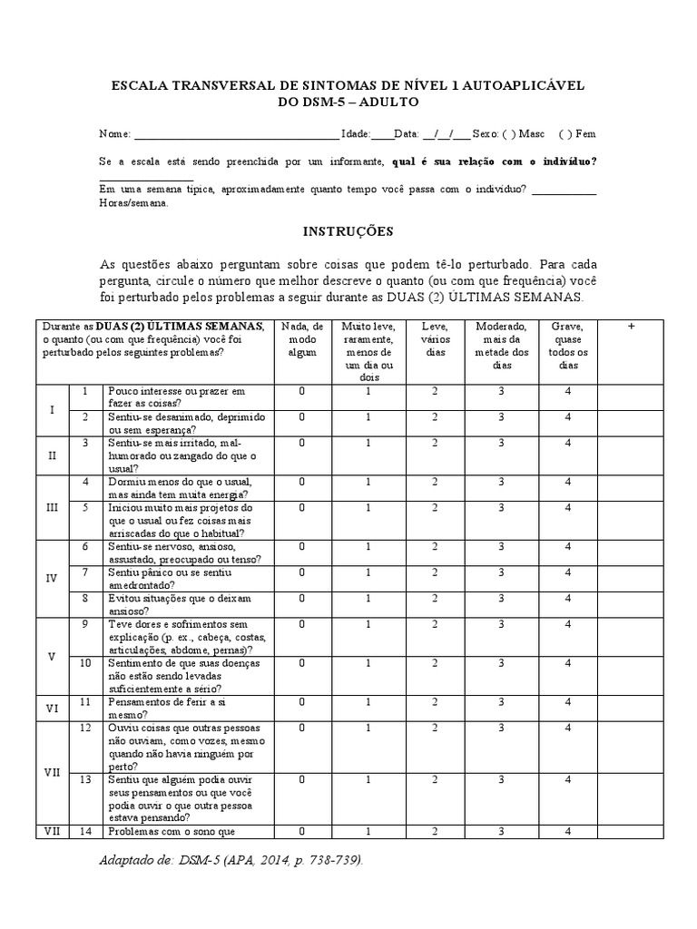Escala Transversal de Sintomas de Nível 1 Autoaplicável Do DSM-5 ...
