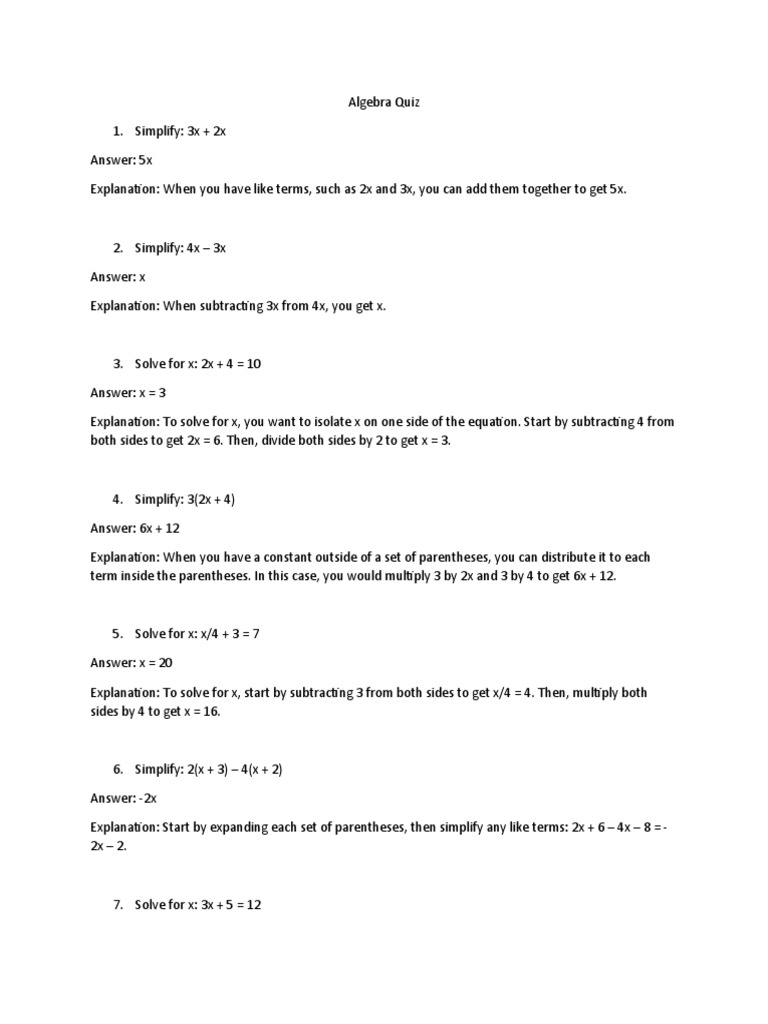 Algebra Quiz | PDF | Algebra | Mathematics
