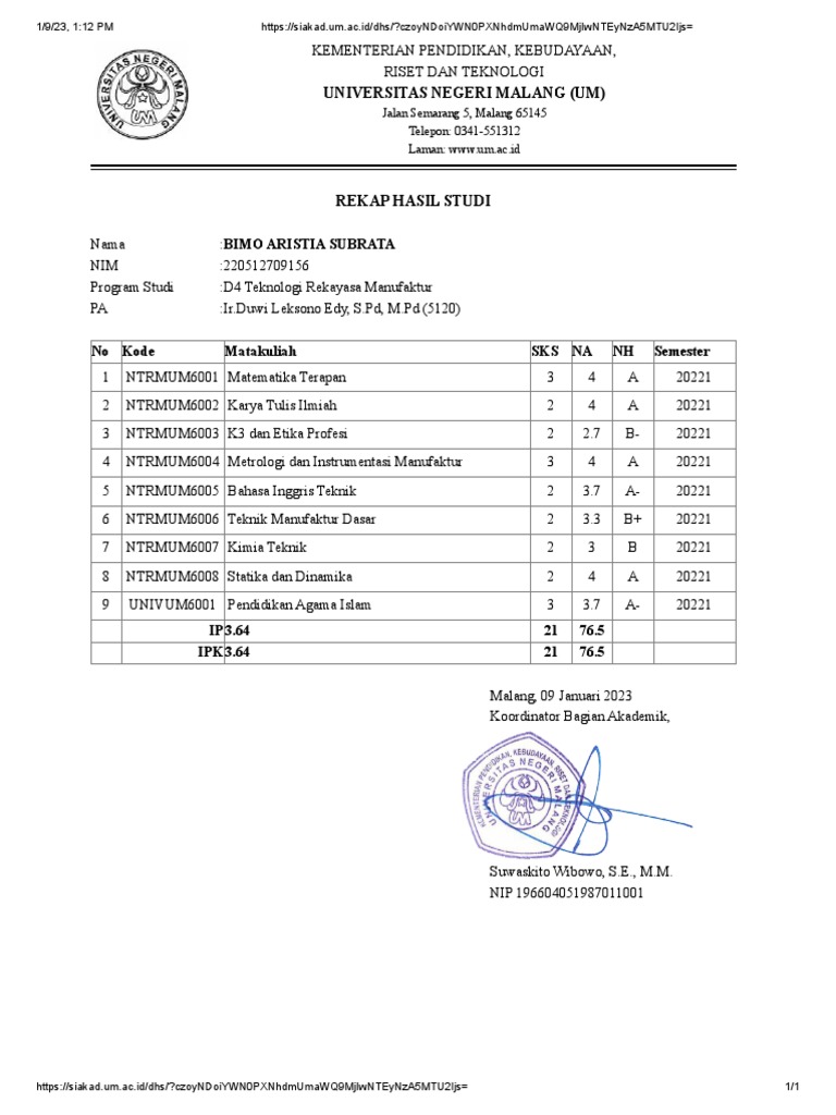 Rekap Hasil Studi Bimo Subrata | PDF