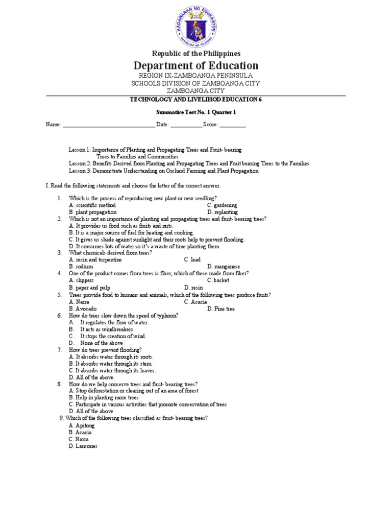 Grade 6 TLE Agriculture Summative Test | PDF | Trees | Orchard