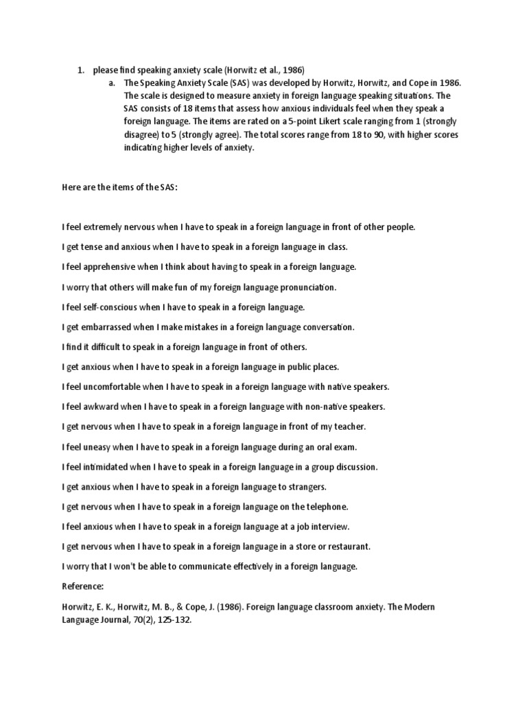 Foreign Language Speaking Anxiety Scale | PDF | Anxiety | Internal ...