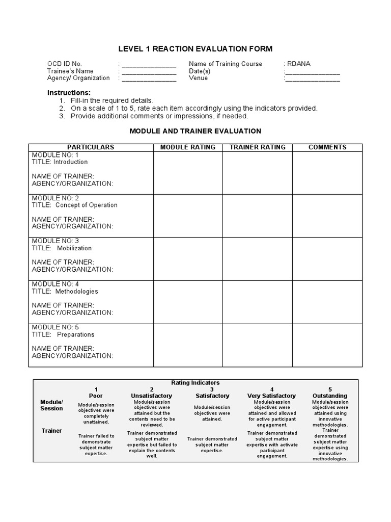 Level 1 Reaction Evaluation Form | PDF