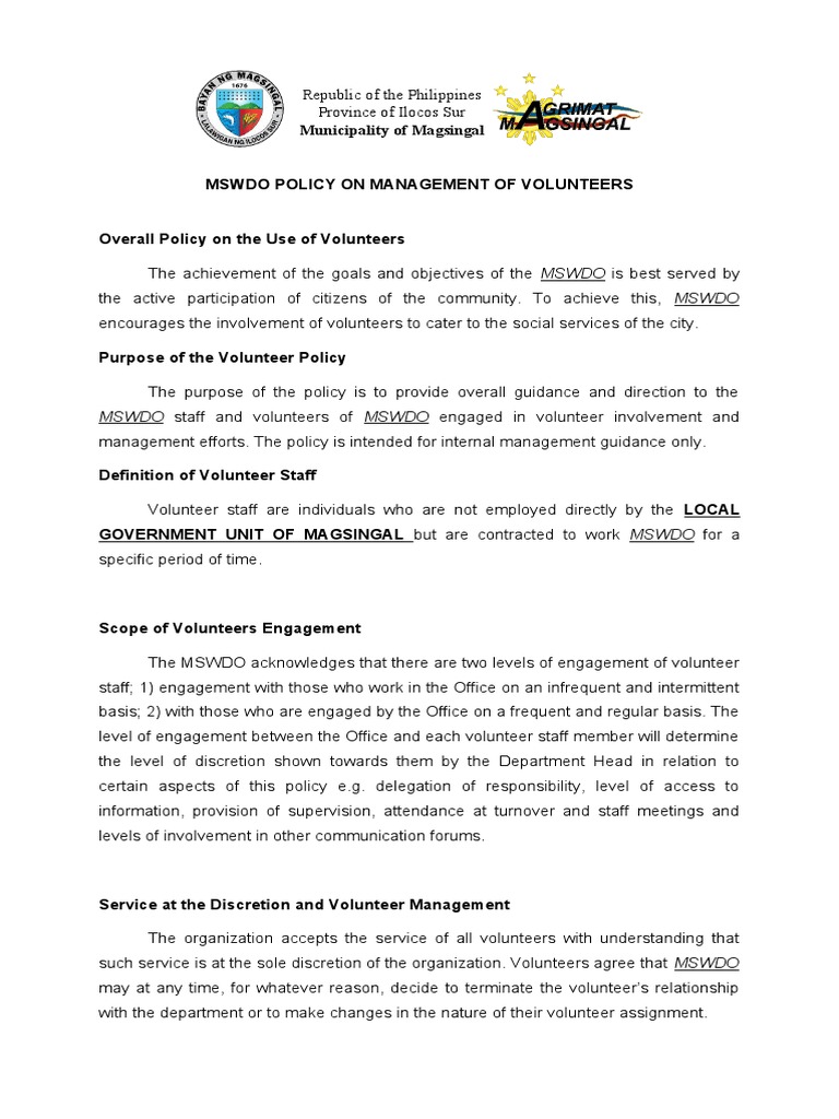 CSWDO Policy On Mangement of Volunteers | PDF | Volunteering | Policy