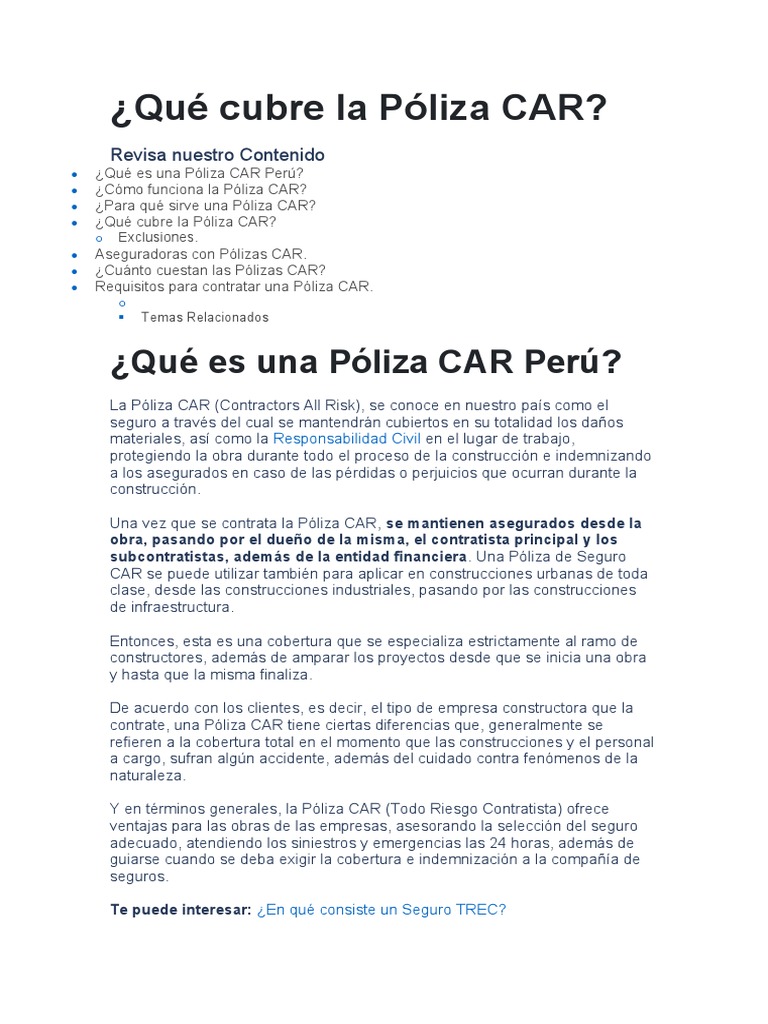 Cobertura y Función de la Póliza CAR | PDF | Póliza de seguros | Seguro