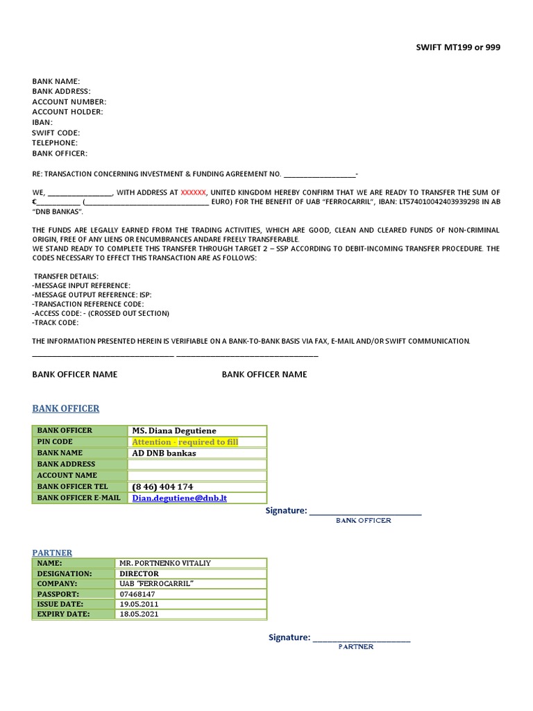 SWIFT MT199 or 999 | PDF