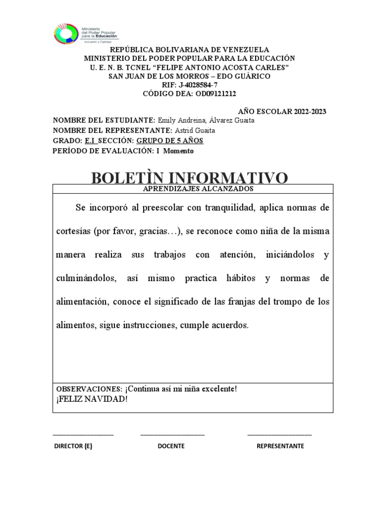 1 Formato de Boleta de Educaciòn Inicial | PDF
