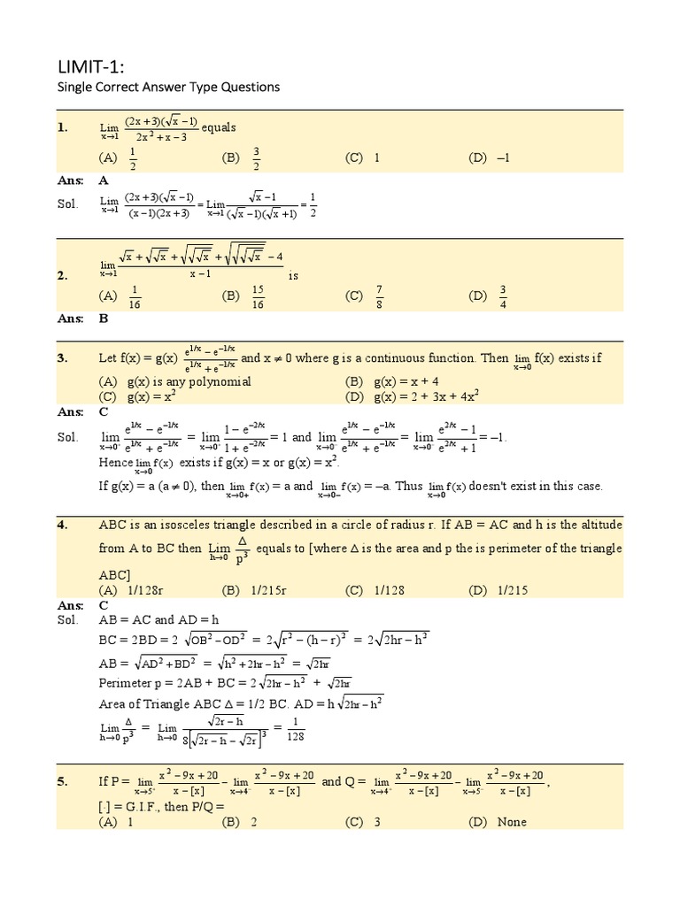 Limit 1 Sol | PDF | Algebra | Mathematical Objects