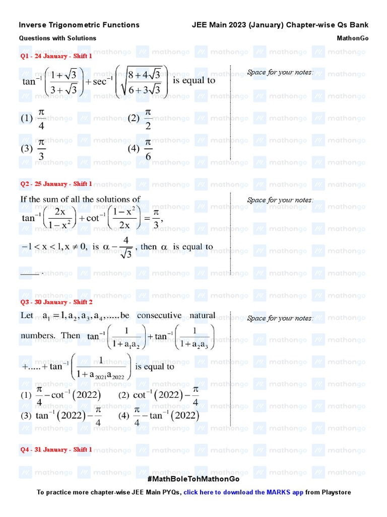 Inverse Trigonometric Functions - JEE Main 2023 January Chapter wise Questions by MathonGo | PDF