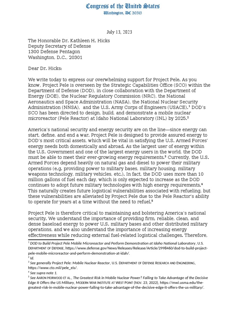 Project Pele Support Letter Final | PDF | Nuclear Reactor | Nuclear Fuel