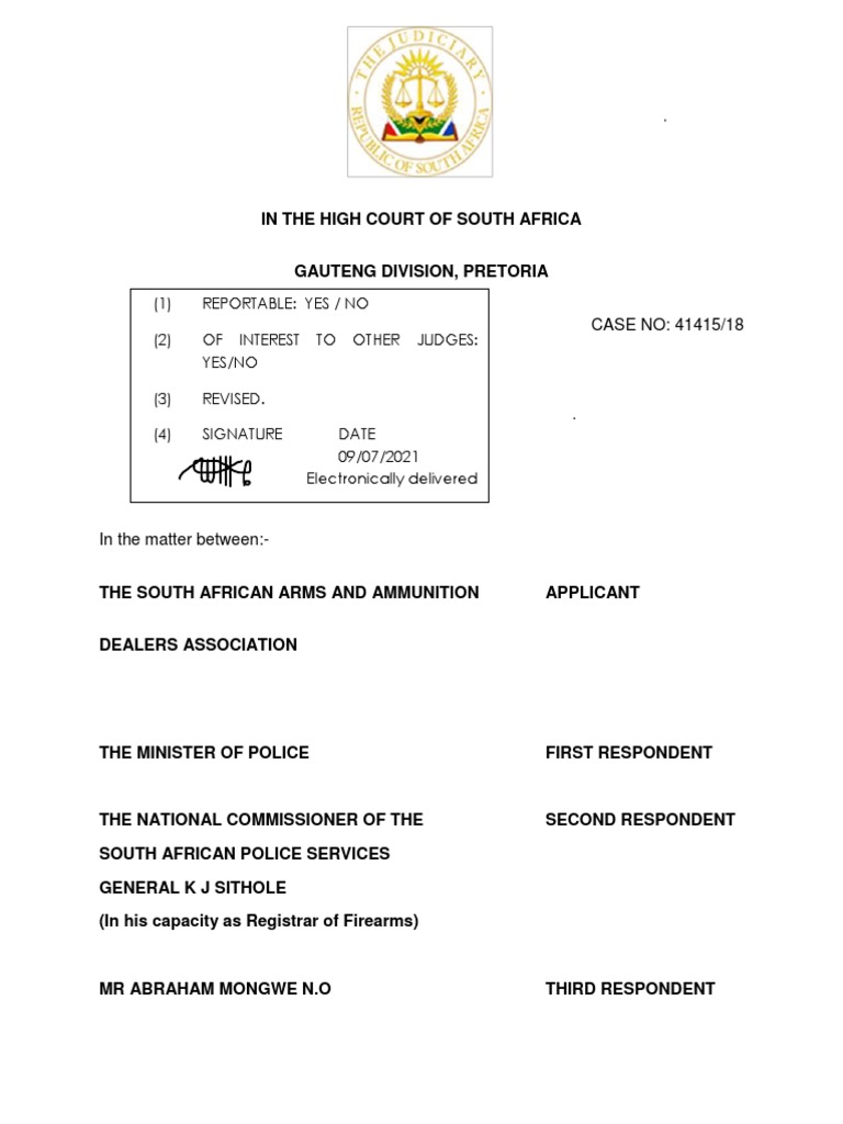 SAAADA Vs SAPS Judgment 2021 | PDF | Judgment (Law) | Regulatory Compliance