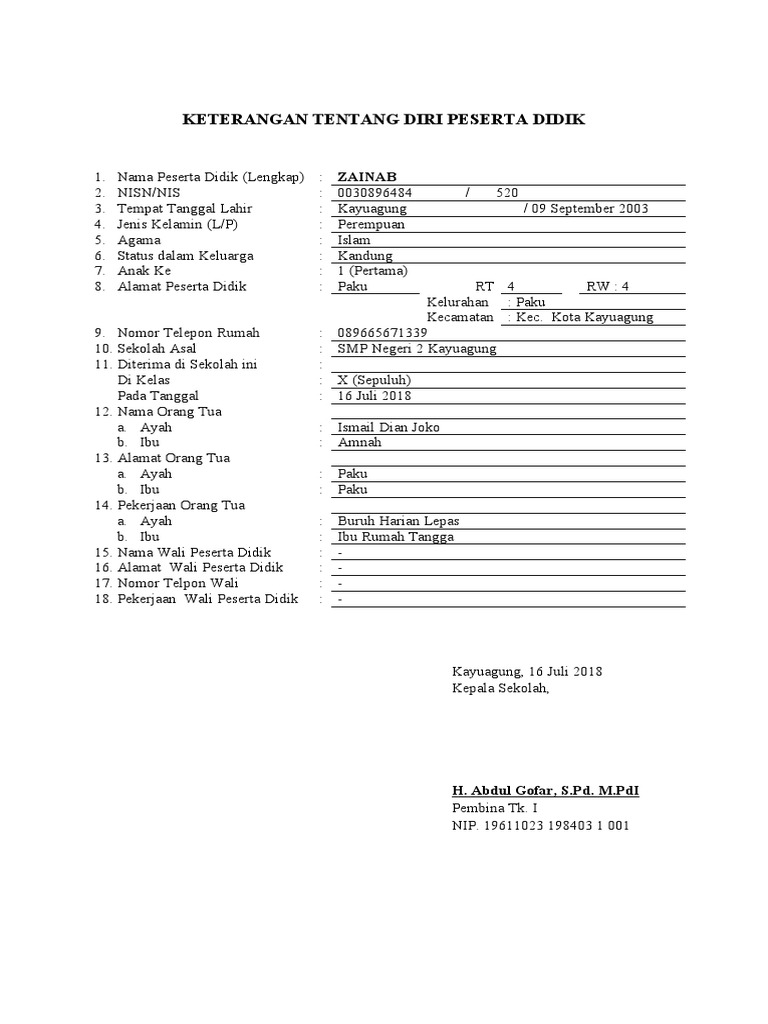 Keterangan Diri Peserta Didik | PDF