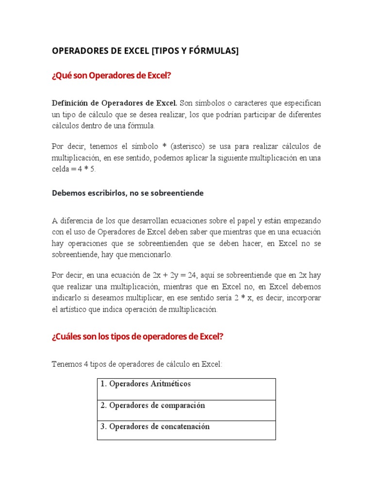 Operadores de Excel | PDF | Multiplicación | Microsoft Excel