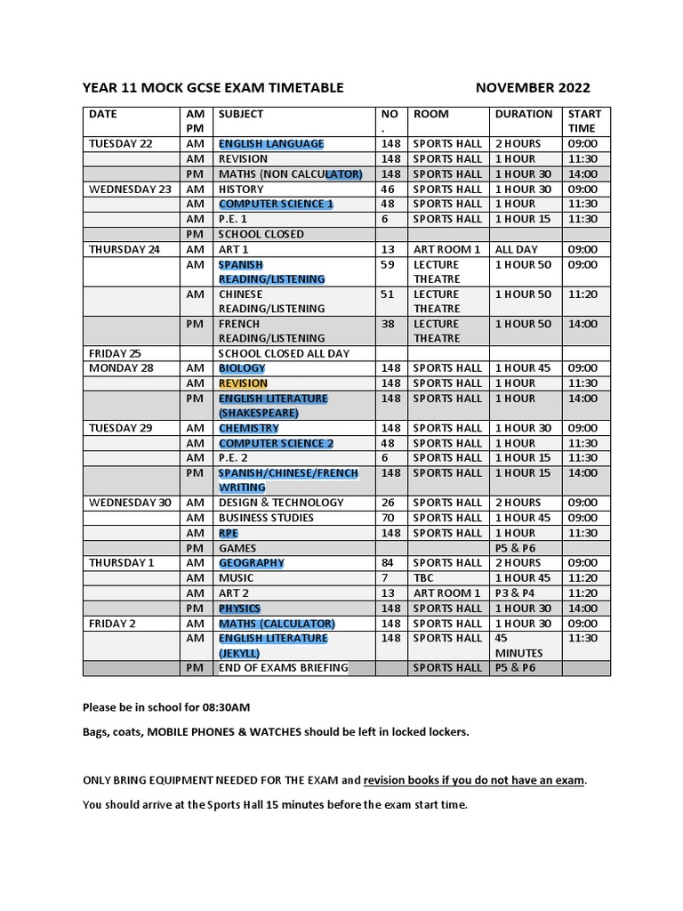 Year 11 Mock Gcse Exam Timetable Nov 2022 | PDF | Science