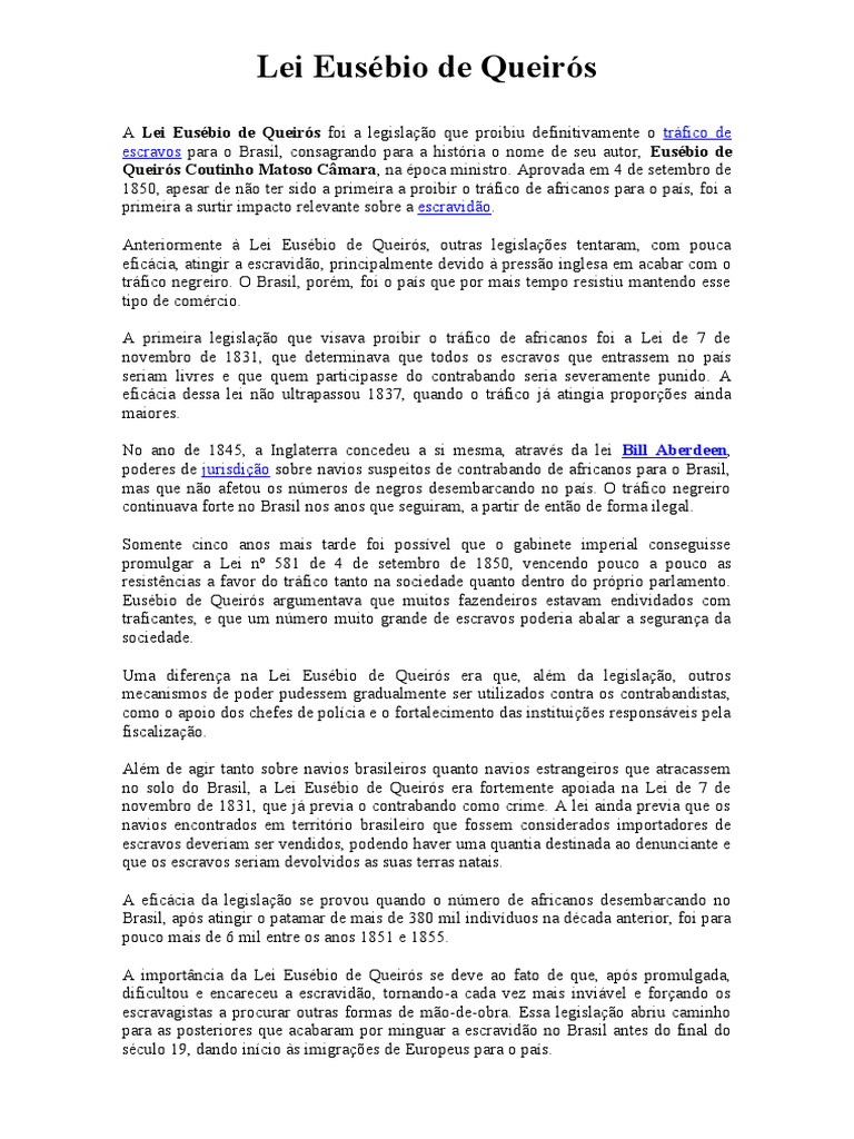 Lei Eusébio de Queirós | PDF | Comércio de escravos do Atlântico ...