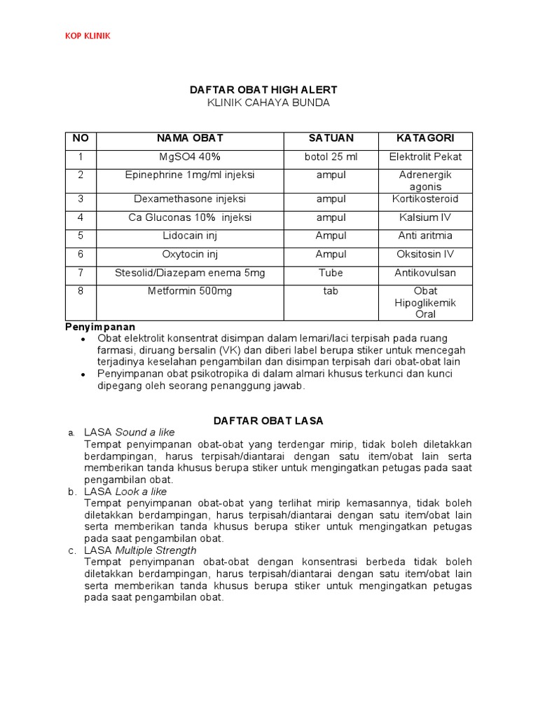 Daftar Obat High Alert KCB | PDF