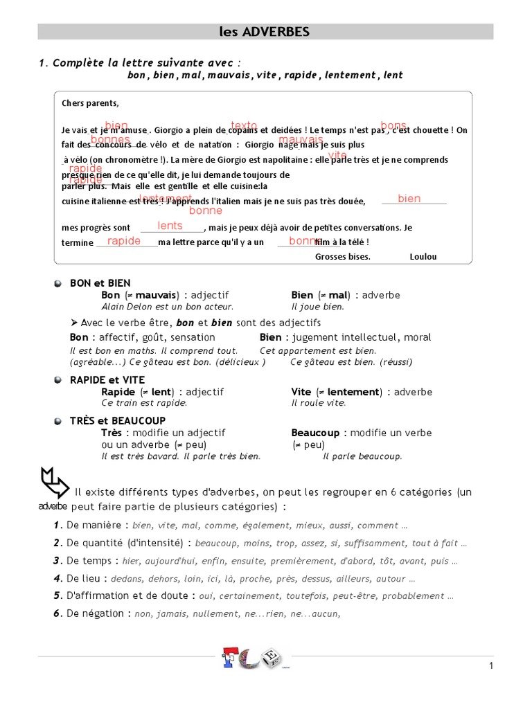 Guide des Adverbes : Utilisation et Formation | PDF | Nombre ...