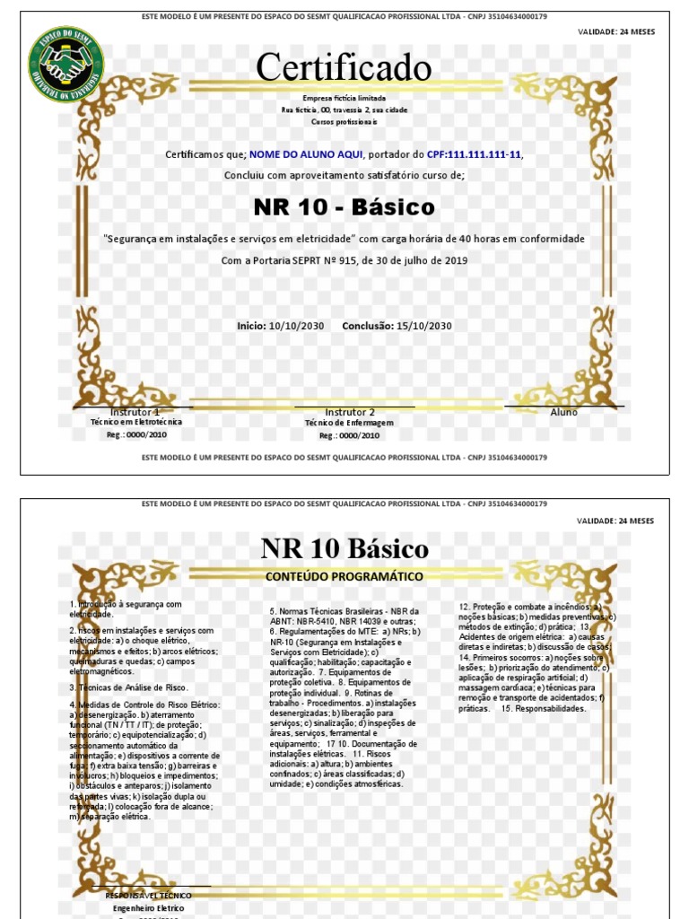 Certificado NR 10 Básico | PDF | Eletricidade | Eletricista