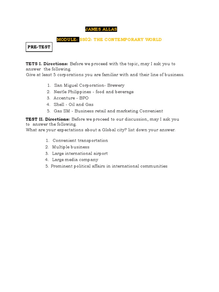 Pre Test 3 The Contemporary World | PDF | Social Science