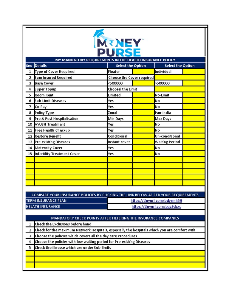 Checklist For Health Insurance Selection | PDF