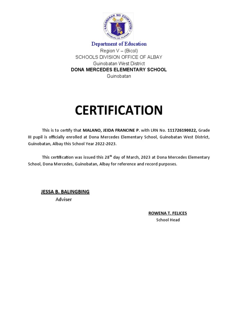 Certification of Enrolment 2 20 23 | PDF