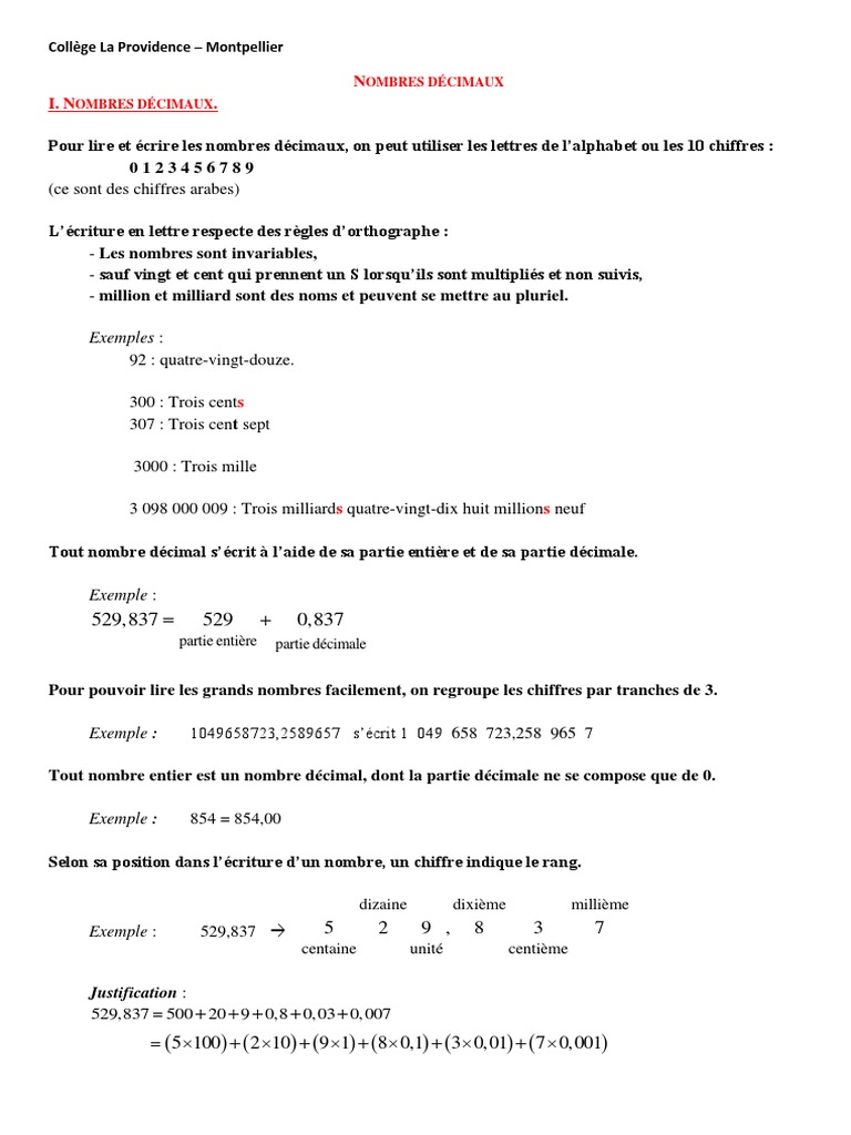 COURS Nombres Entiers Et Décimaux | PDF | Décimal | Mathématiques ...