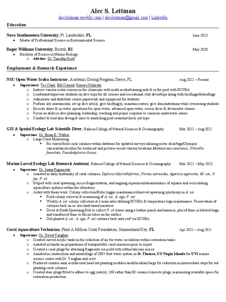 Alec Leitman Jcu CV | Download Free PDF | Scuba Diving | Coral Reef