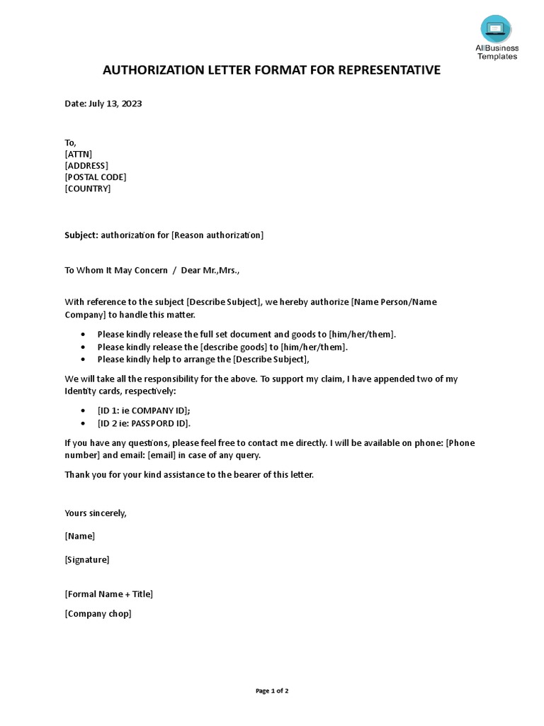 Authorization Letter Format For Representative | PDF