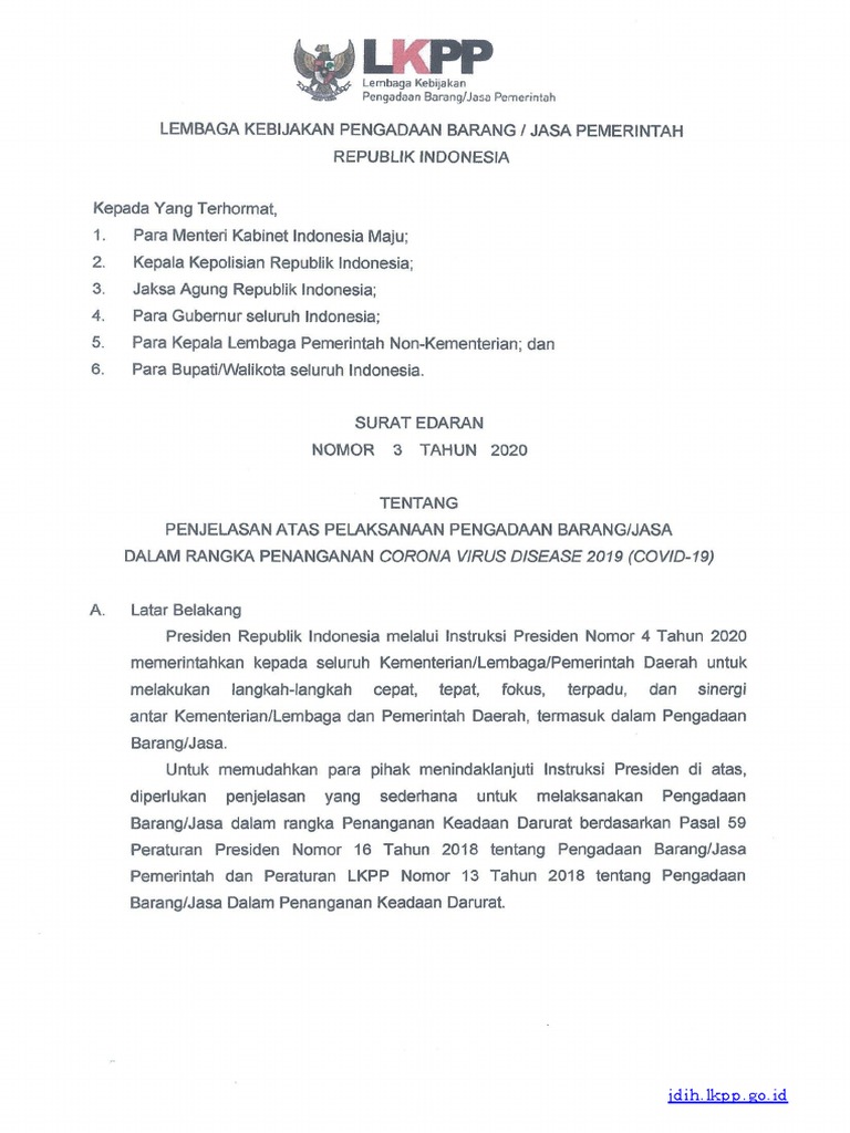 Surat Edaran Kepala LKPP Nomor 3 Tahun 2020 | PDF