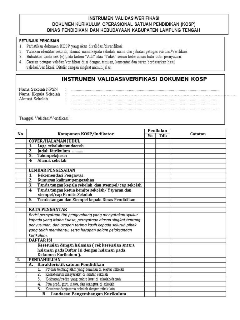INSTRUMEN Validasi KOSP Lampung Tengah 2 (1) | PDF