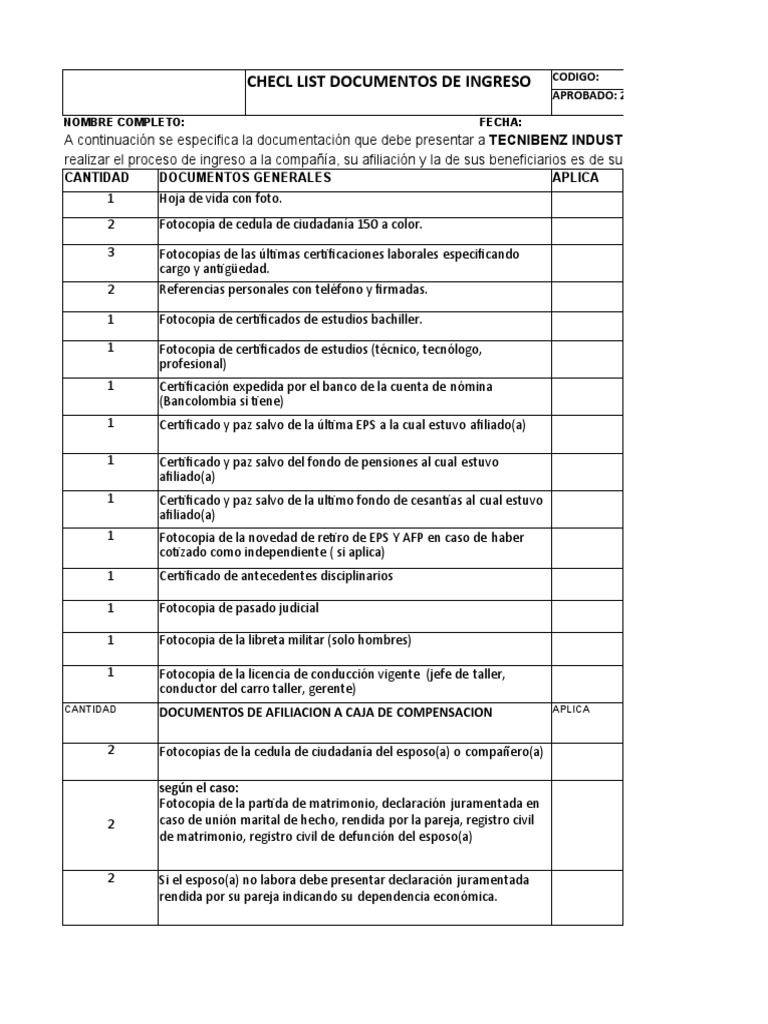 Checl List Documentos de Ingreso Tecnibenz | PDF | Gobierno y personalidad