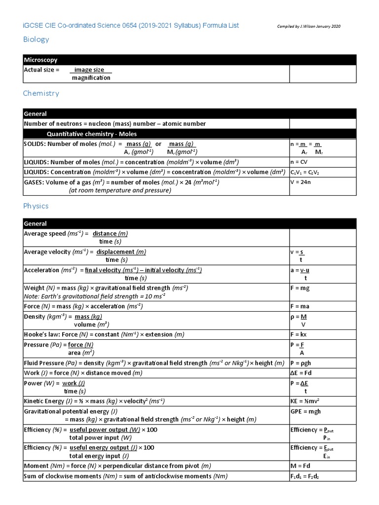 iGCSE 0654 Science Formula Sheet | PDF | Mole (Unit) | Radioactive Decay