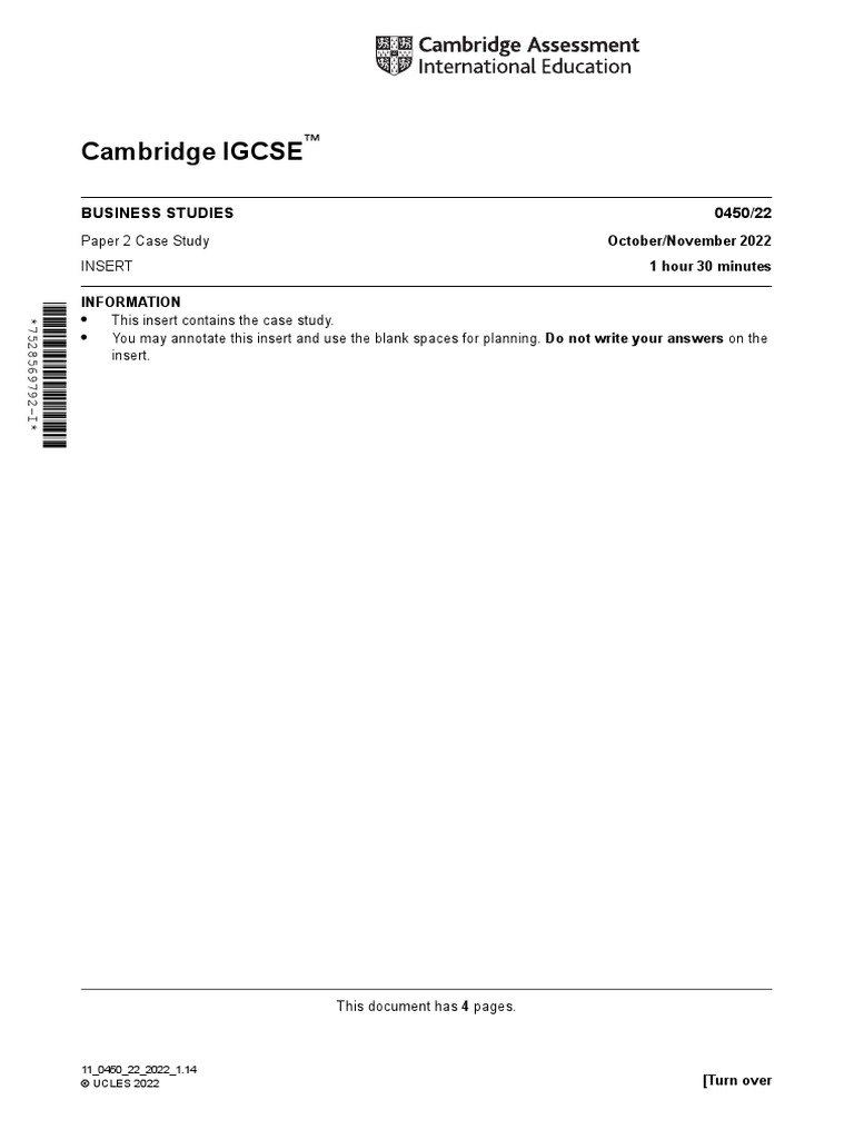 Cambridge IGCSE: 0450/22 Business Studies | PDF | Chocolate | Copyright