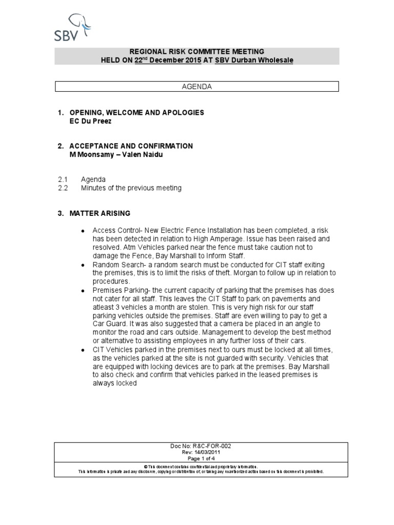 Regional Risk Committee Meeting Agenda Example | PDF