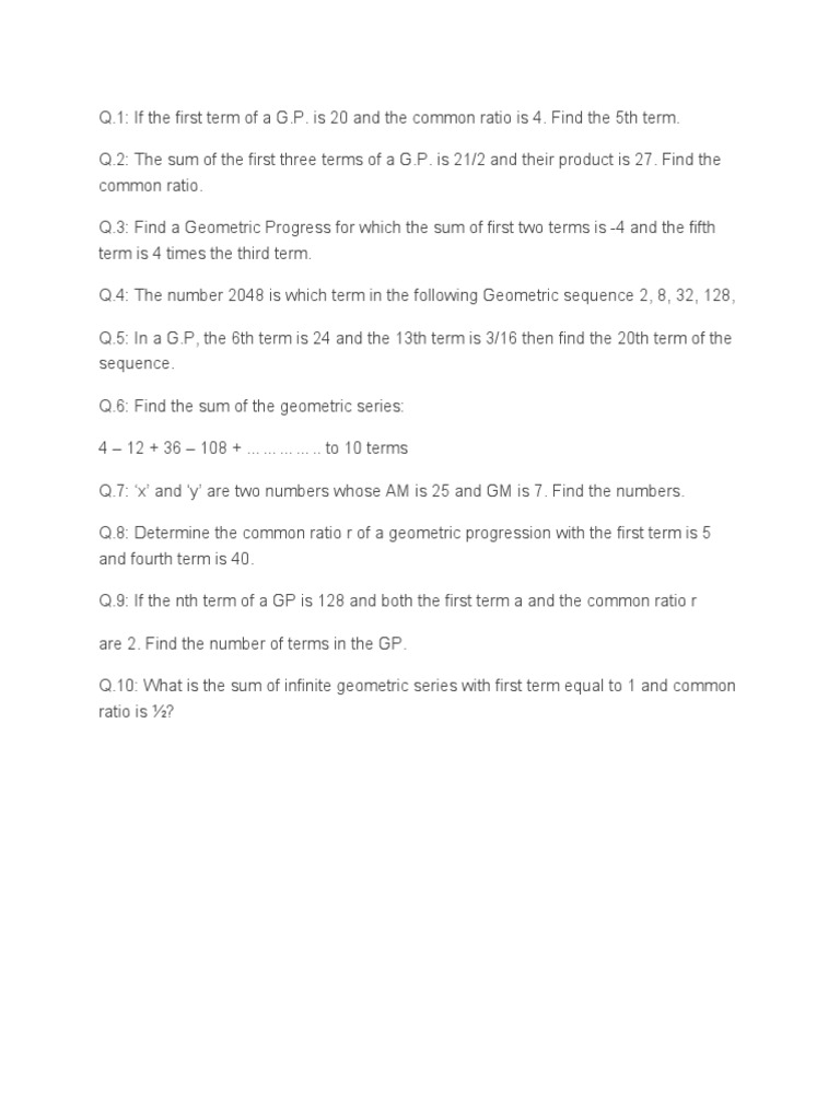 Geometric Progression Problems and Solutions | PDF