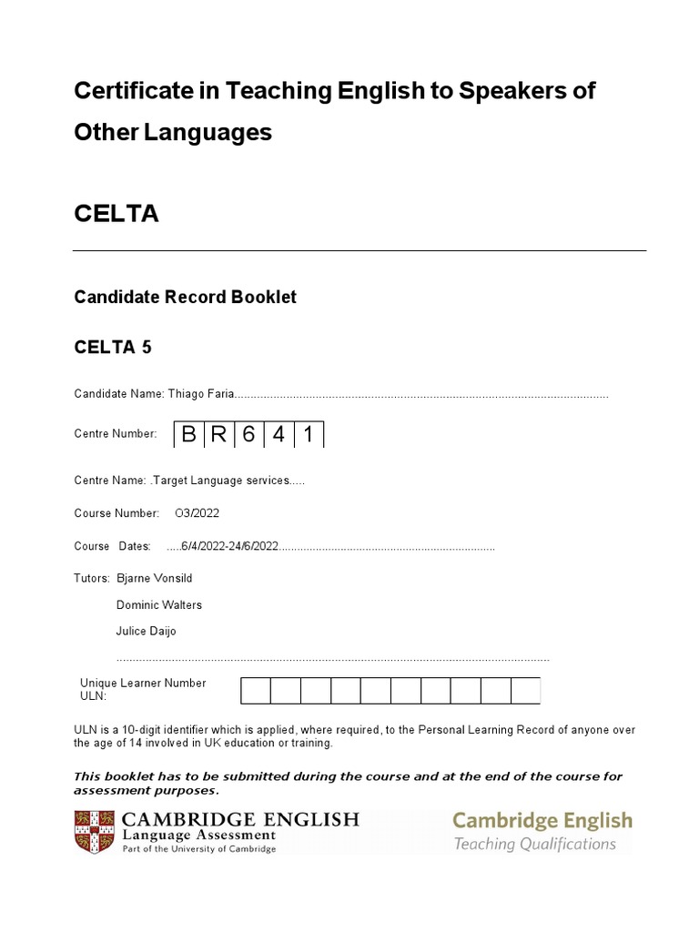 CELTA 5 - Stage 2 Progress Sheet | PDF | Educational Assessment | Learning