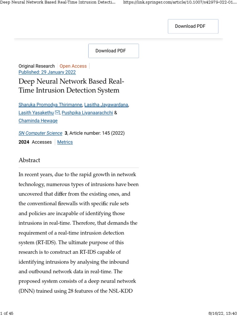 Deep Neural Network Based Real Time Intrusion Detection System Springerlink Pdf Machine 