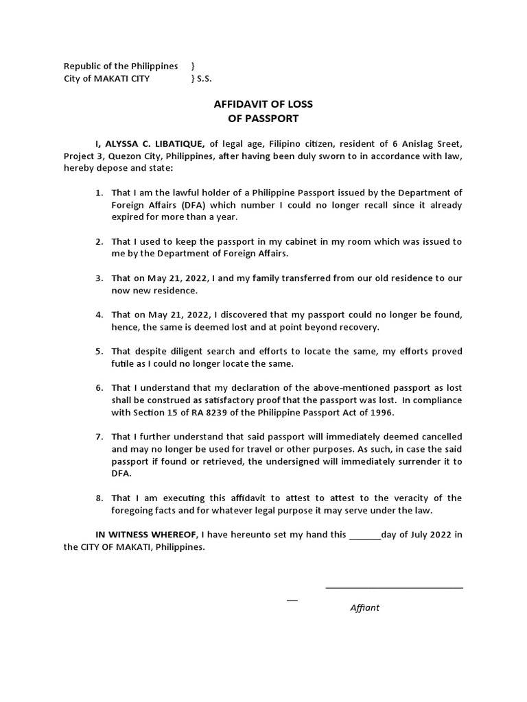 Affidavit of Loss of Passport | PDF | Affidavit | Passport
