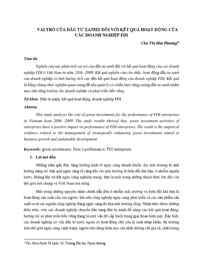 (YRC FTU) (SVNCKH17) Vai trò của đầu tư xanh đối với kết quả hoạt động của các doanh nghiệp FDI ...